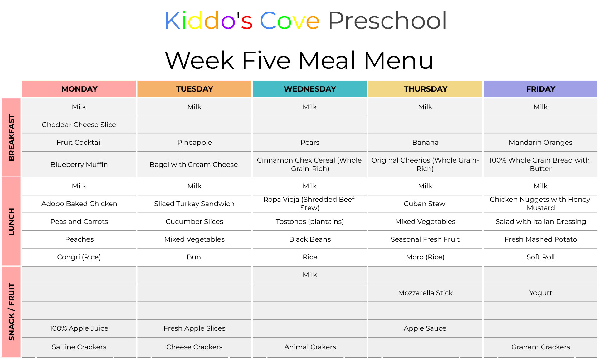 Meal Menu - Kiddo's Cove Preschool